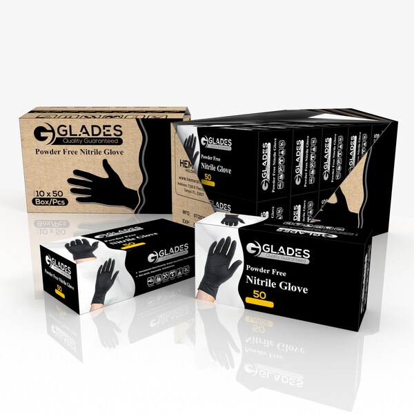 GLADES Black, S, 8 mil, Nitrile Powder-Free, Nitrile Disposable Gloves, 500 Pack, - S